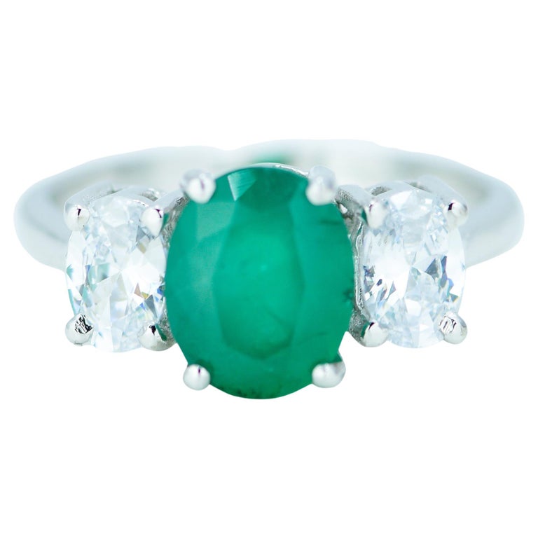 Natural Green Emerald Ring in Silver For Sale at 1stDibs