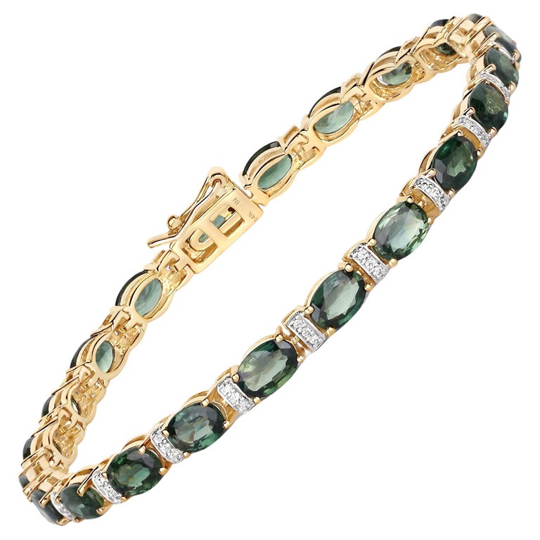 Natural Green Sapphire and Diamond Tennis Bracelet 13 Carats 14k Yellow ...