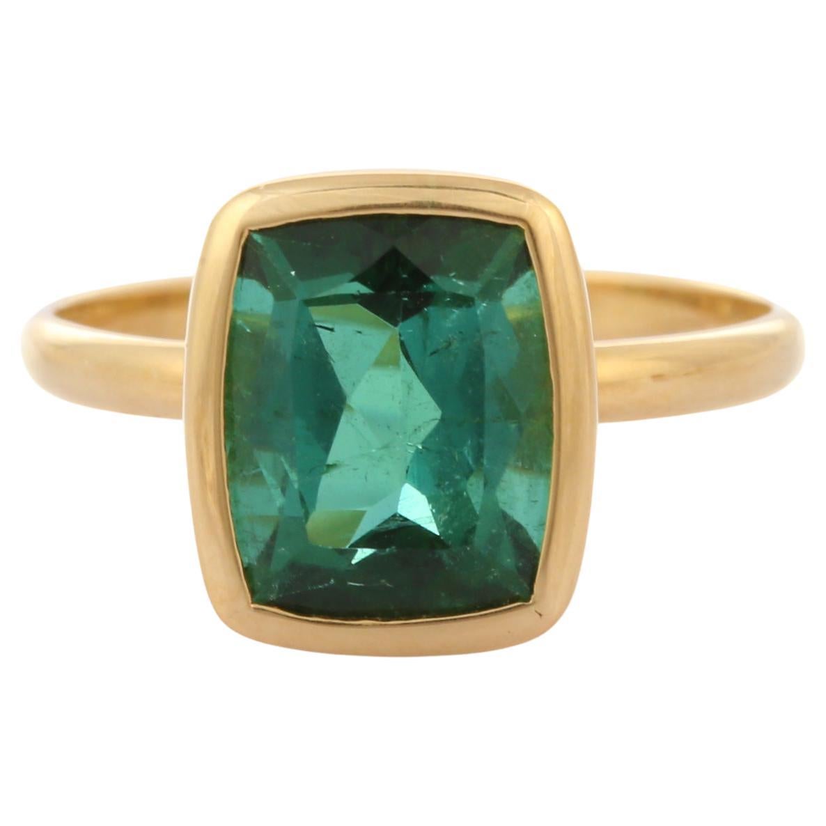 6.34 Carat Cushion Cut Blue Tourmaline 18 Karat Yellow Gold Athena Ring ...