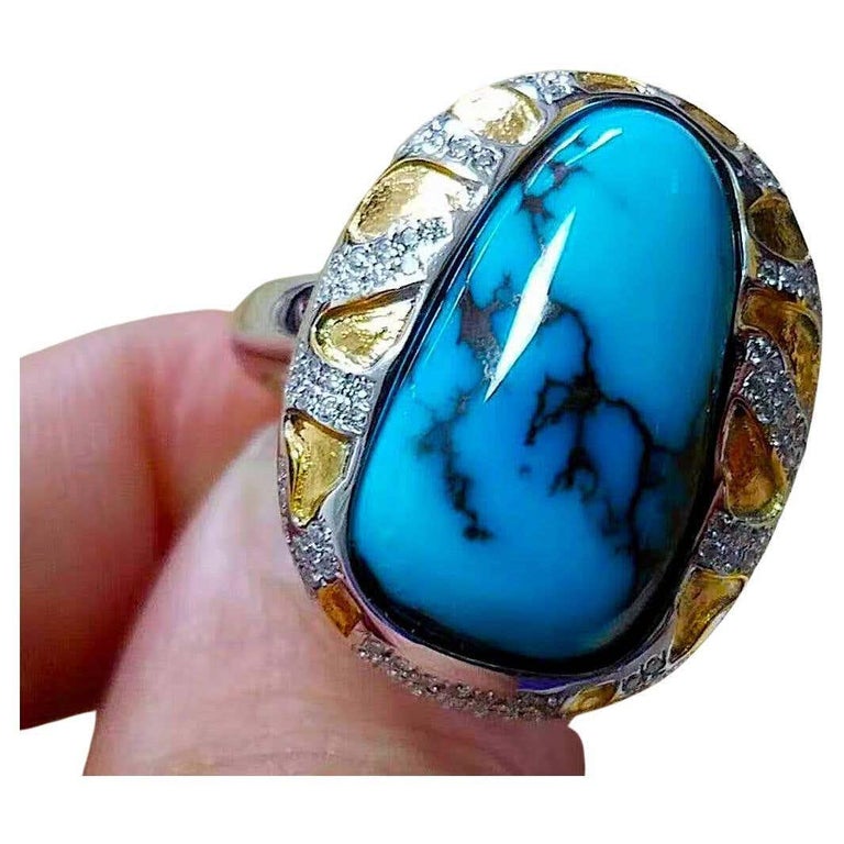 Natural Gem Grade Bisbee Turquoise and Diamond 18K White Gold Cocktail ...