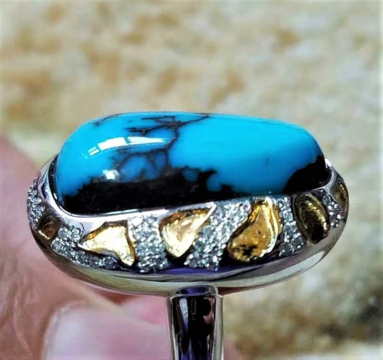 Natural Gem Grade Bisbee Turquoise and Diamond 18K White Gold Cocktail ...