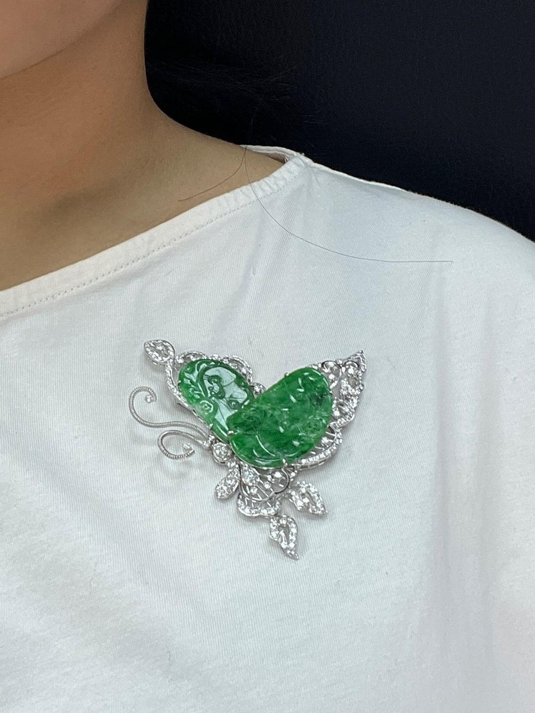 Natural Jade Diamond Butterfly Brooch For Sale at 1stDibs
