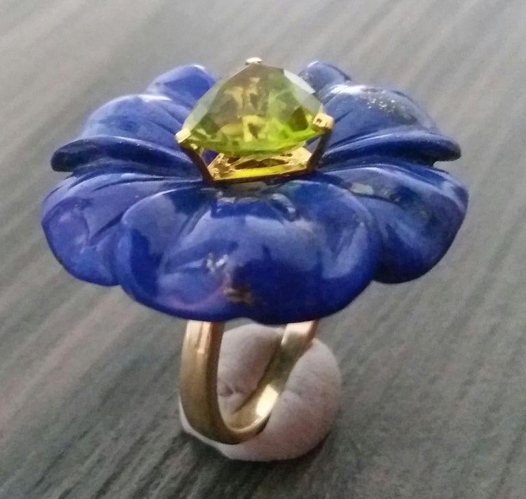 Natural Lapis Lazuli Flower Trillion Cut Peridot Solid 14 Kt Gold ...