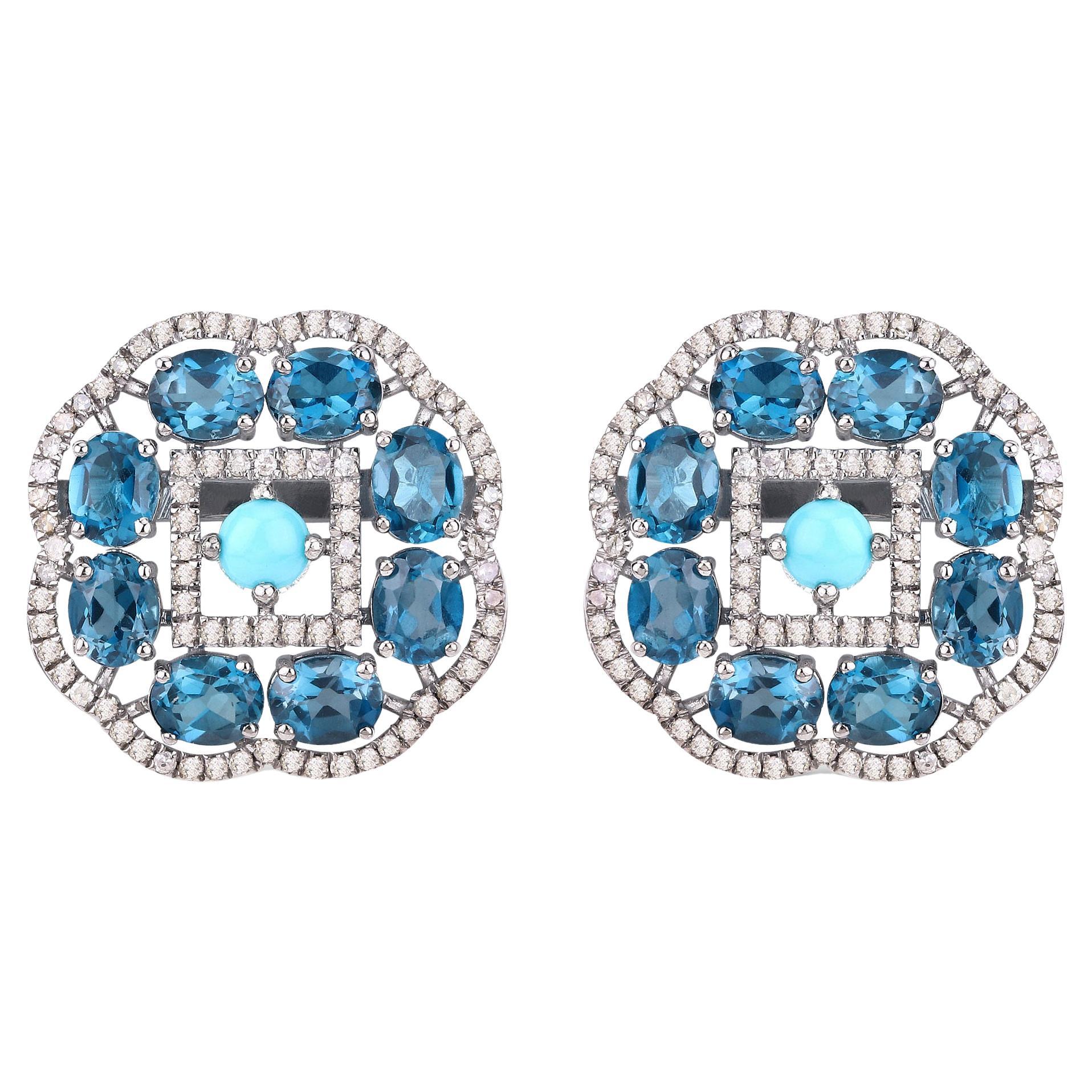 Natural London Blue Topaz Turquoise and Diamond Floral Earrings 7.9 ...