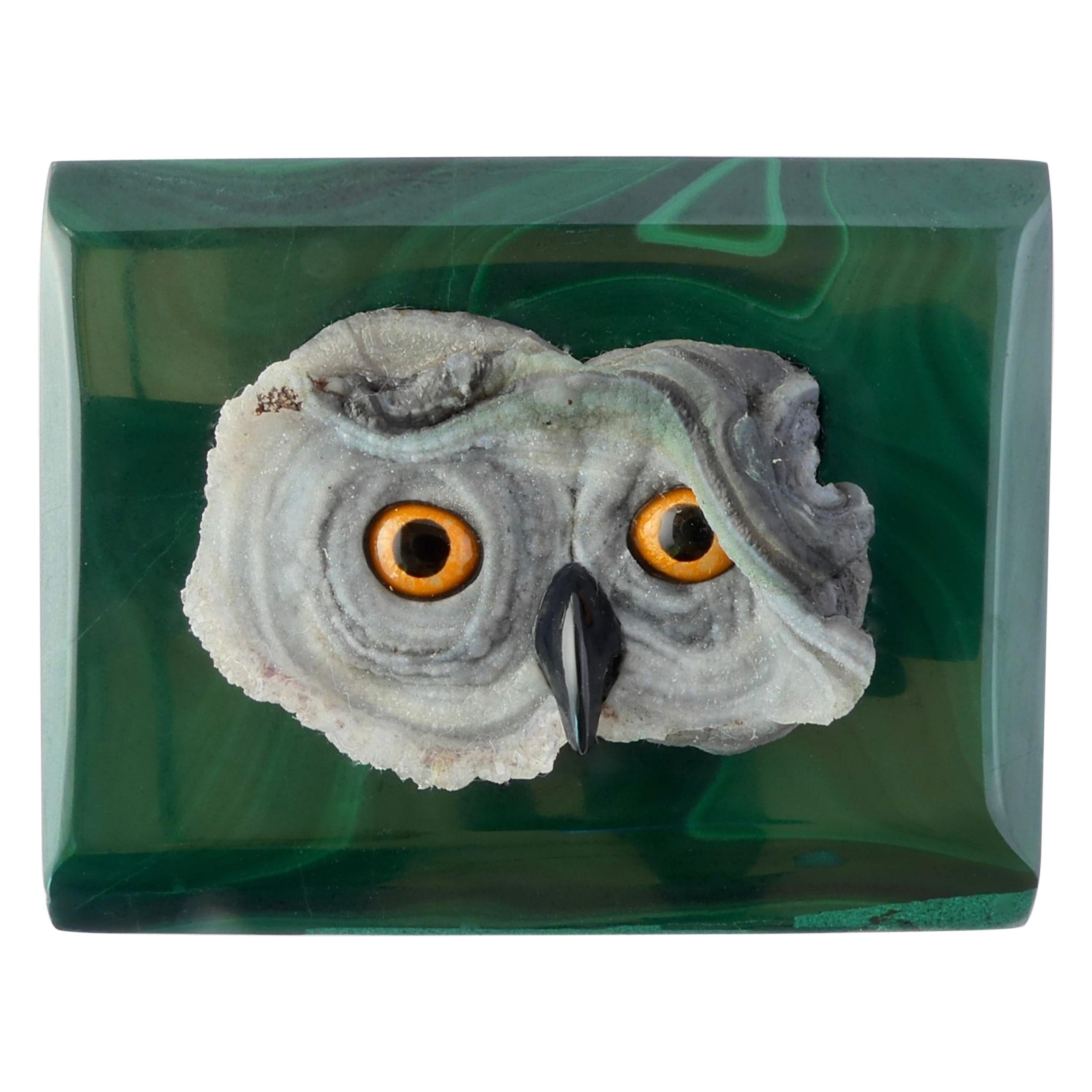 Natural Malachite and Desert Rose Gemstone Owl Jewelry Box at 1stDibs