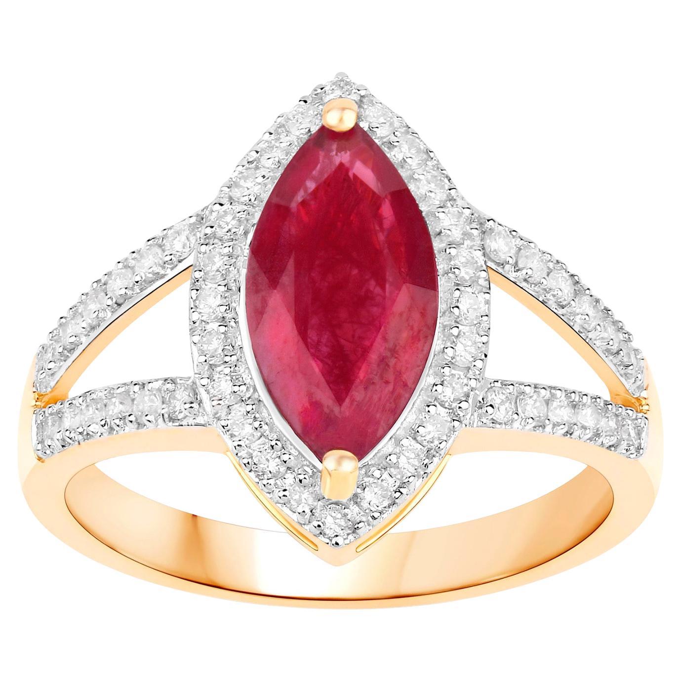 Natural Marquise Ruby Ring With Diamonds 2.08 Carats 14K Yellow Gold For Sale at 1stDibs
