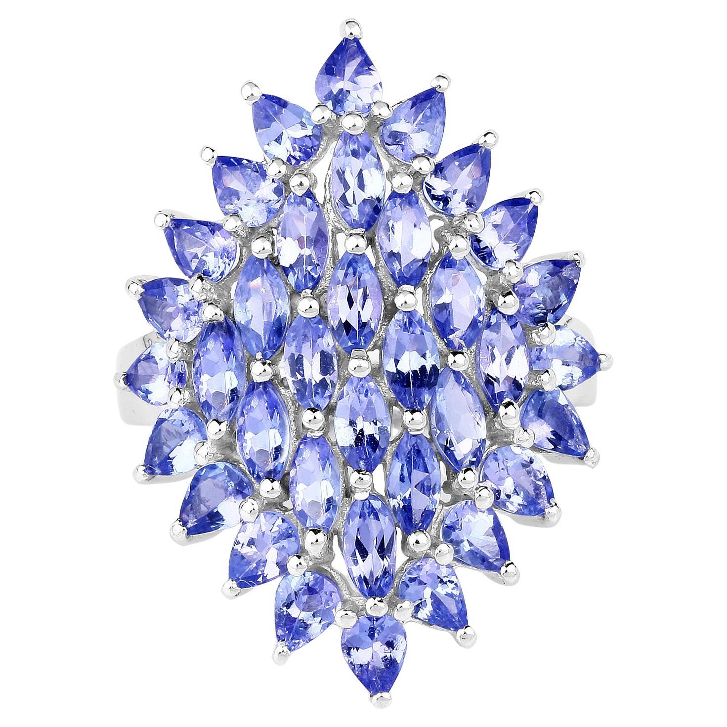 Tanzanite, Emeralds and Pave Diamond Sterling Silver Cocktail Ring For ...