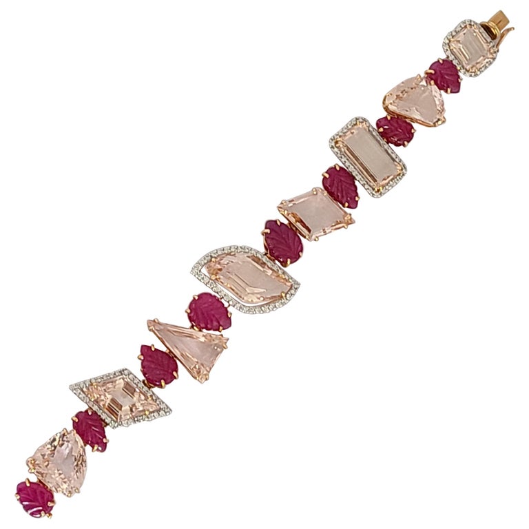 Natural Morganite and Ruby Bracelet Set in 18 Karat Gold with Diamonds ...