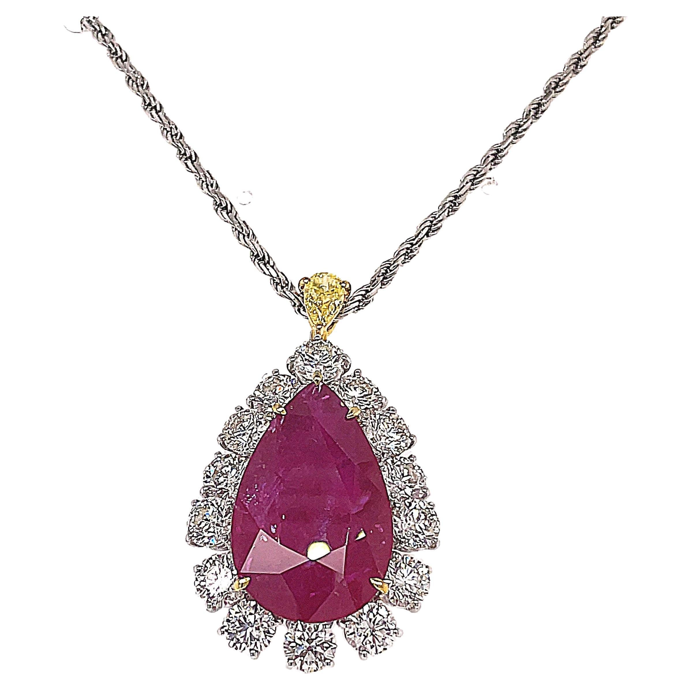 Mozambique Ruby Pear Shape Diamond Pendant in 18k White Gold Chain For ...