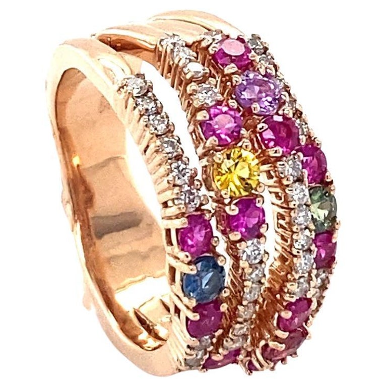 Natural Multi-Colored Sapphire Diamond Rose Gold Cocktail Ring For Sale ...