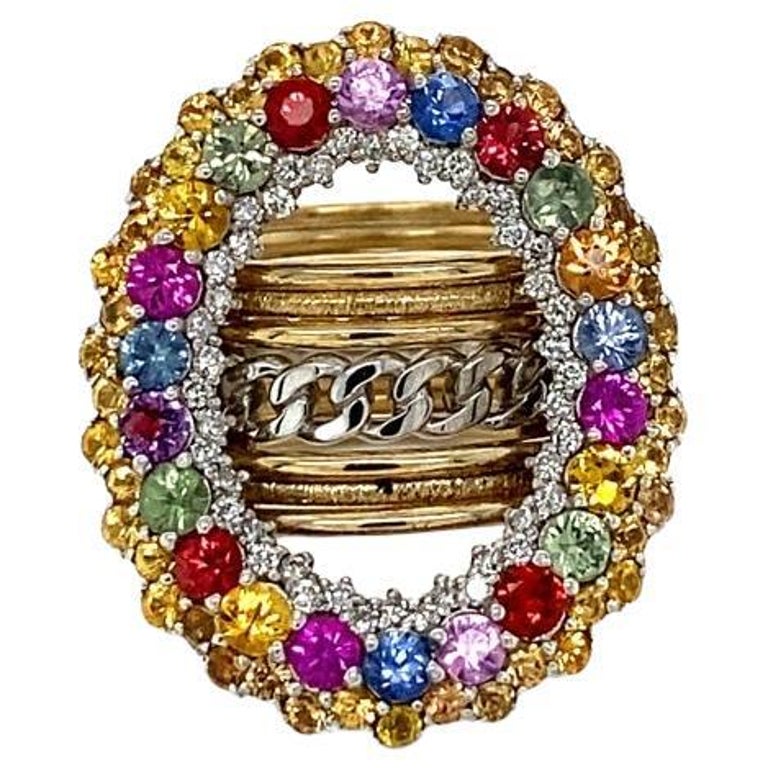 Natural Multi-Colored Sapphire Diamond Yellow and White Gold Cocktail ...