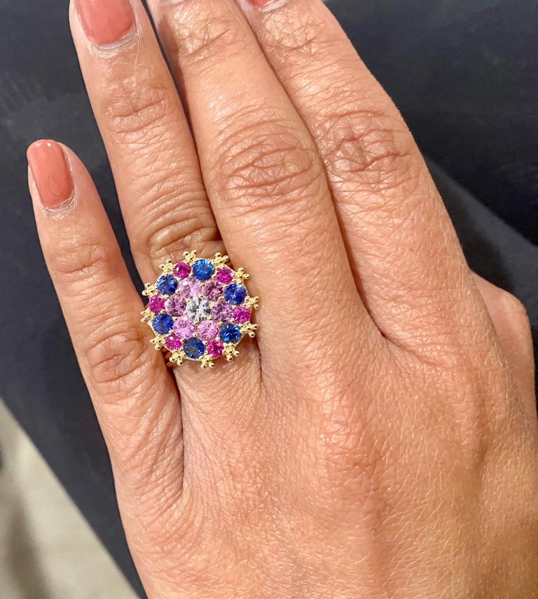Natural Multi-Colored Sapphire Diamond Yellow Gold Cocktail Ring For ...