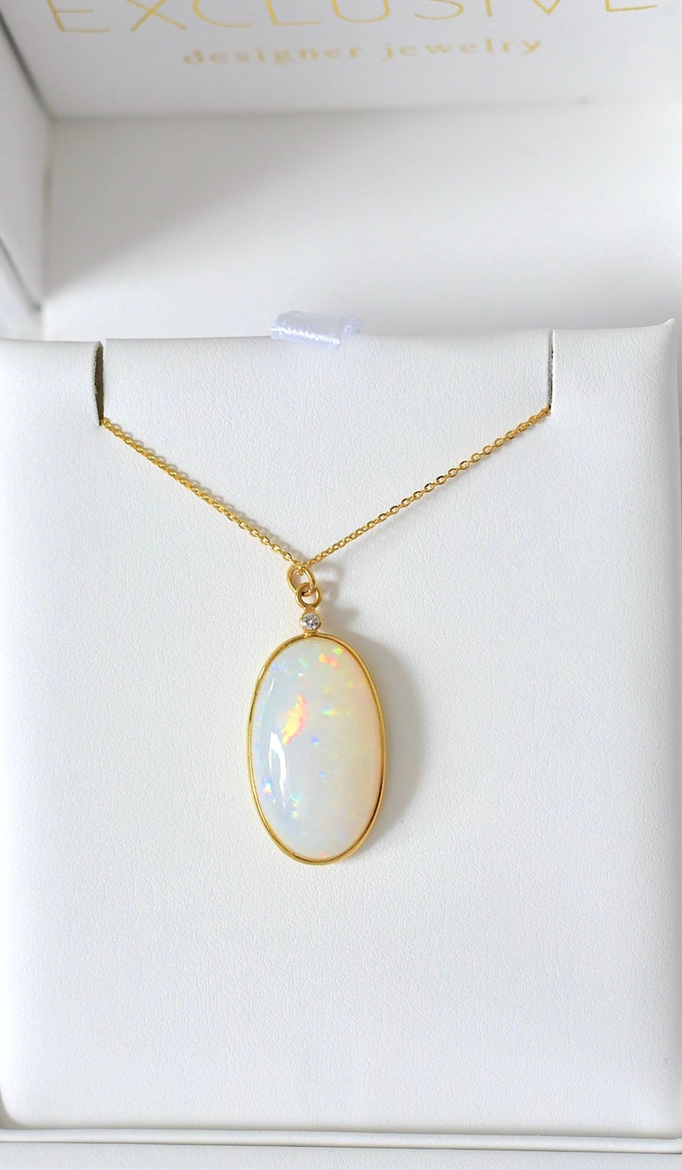 Natural Opal (16.5carat) Bezel, Diamond Accent Necklace in 18K Solid ...