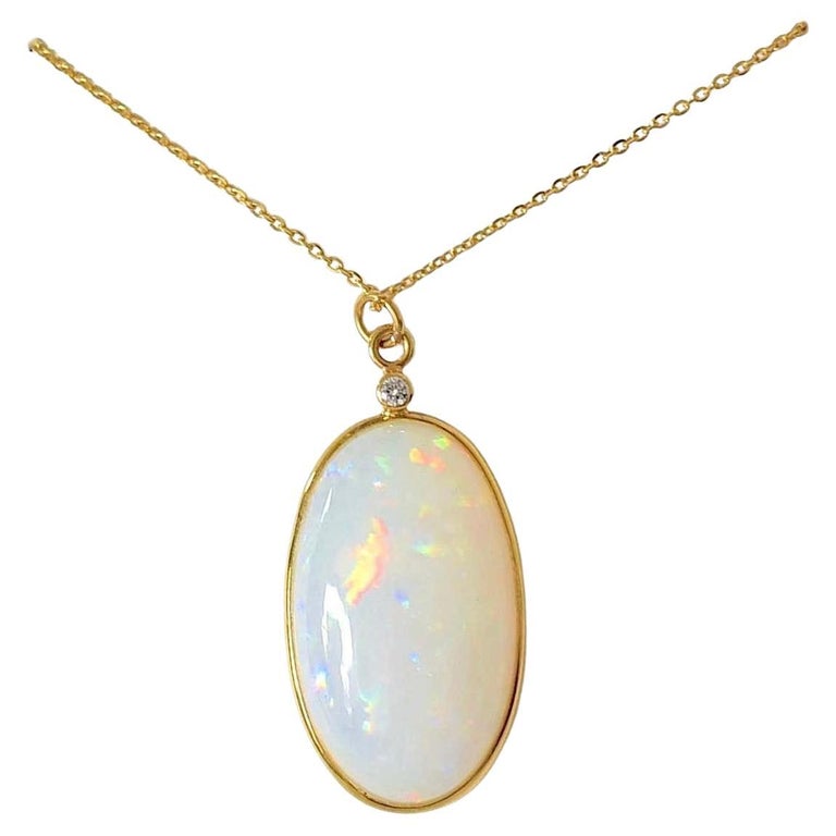 Natural Opal (16.5carat) Bezel, Diamond Accent Necklace in 18K Solid ...
