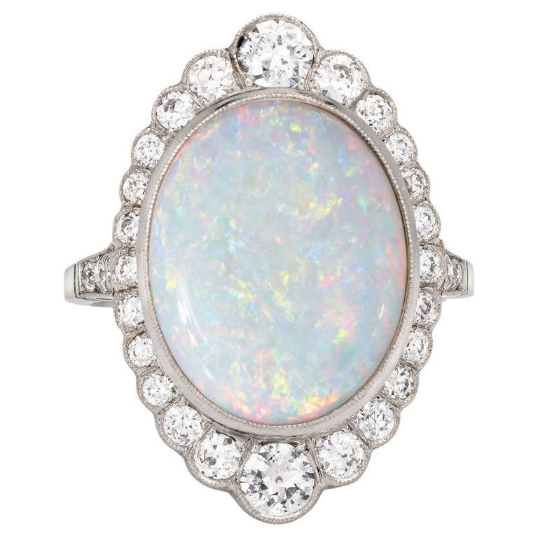 Natural Opal Diamond Ring Platinum Vintage Large Oval Cocktail Estate ...