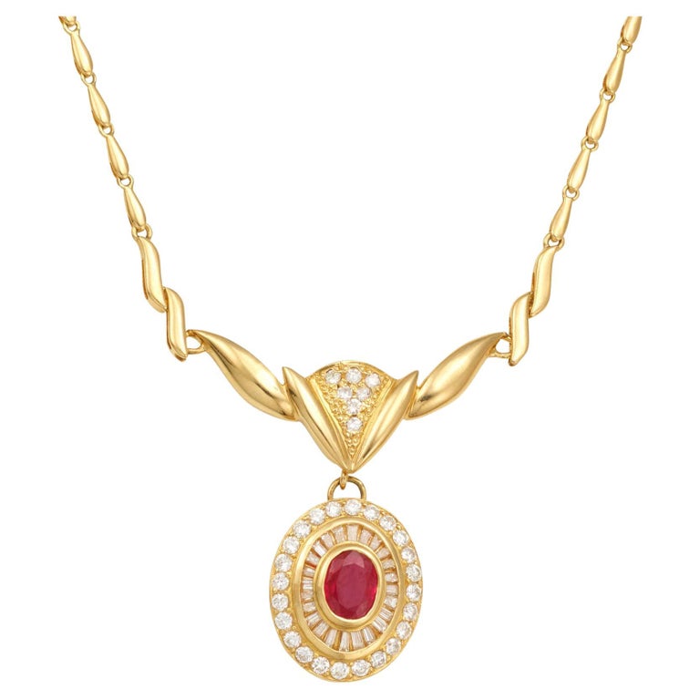 Natural Oval 1 Carat Ruby Pendant Necklace Set With Diamonds 18K Gold ...