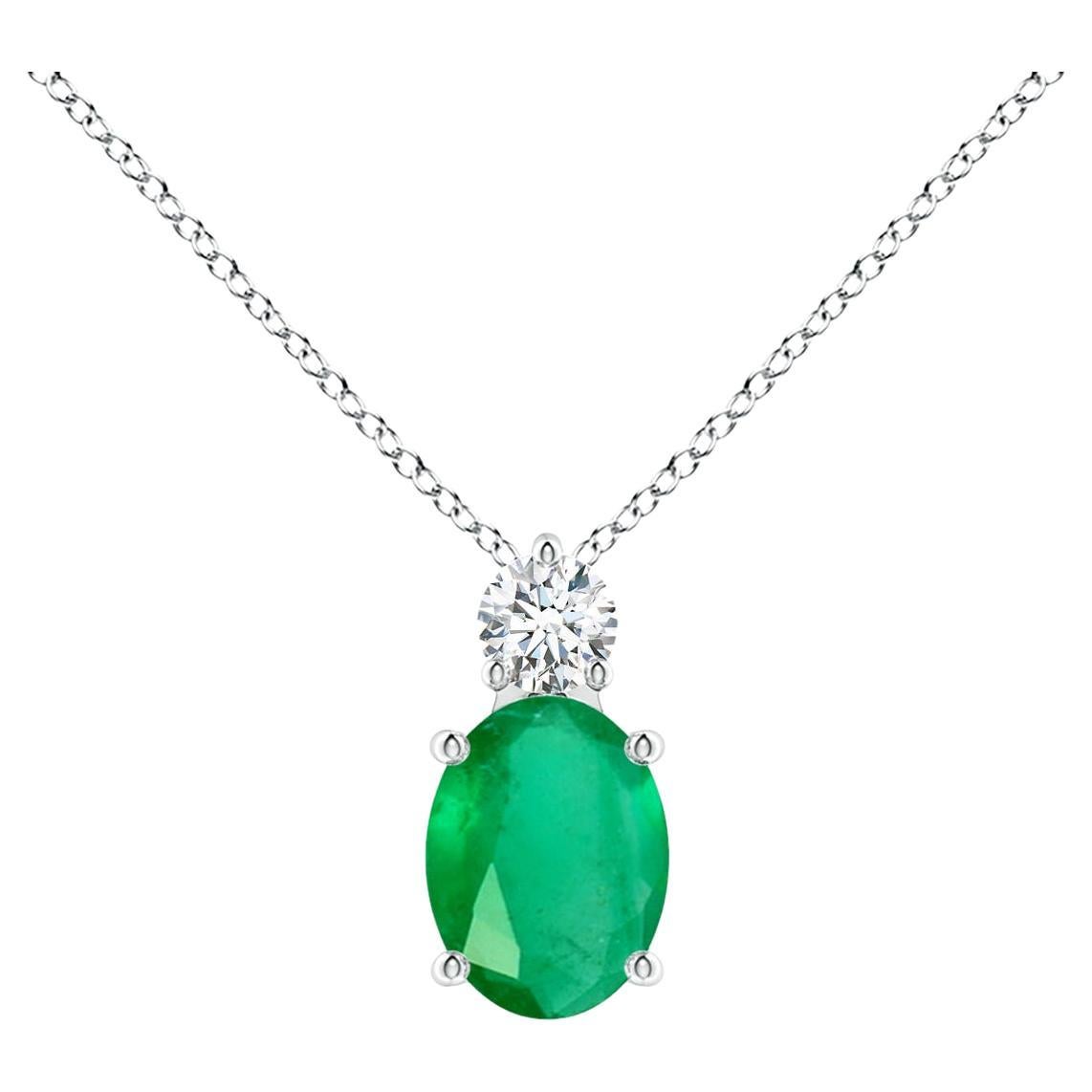 Natural Oval 1.1 ct Emerald Solitaire Pendant with Diamond in Platinum ...