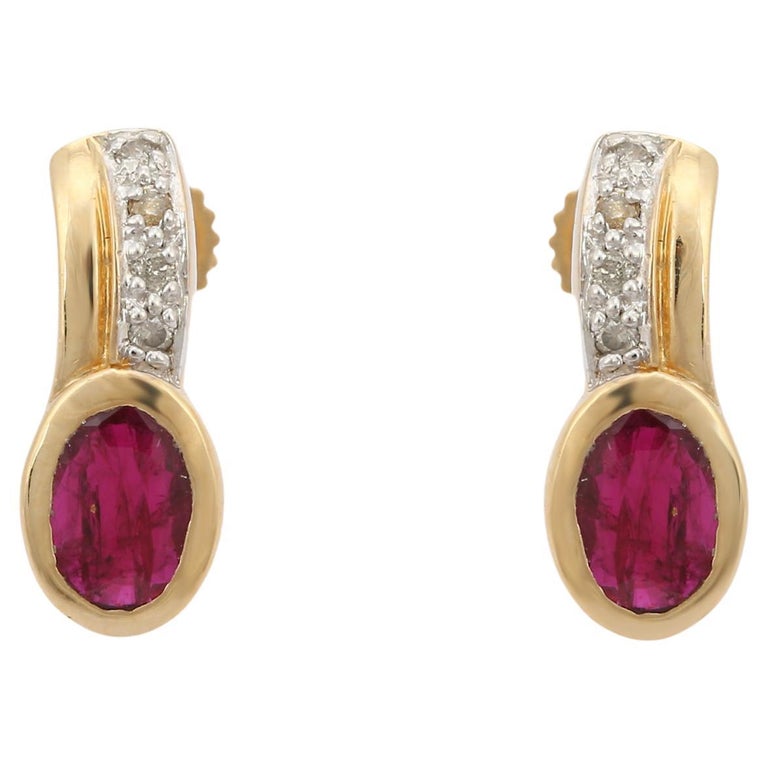 Natural Oval Ruby Diamond Handmade Stud Earrings For Women in 14K ...