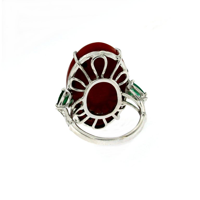 Natural Oxblood Aka Coral Emerald Diamond Cocktail Gold Ring at 1stDibs