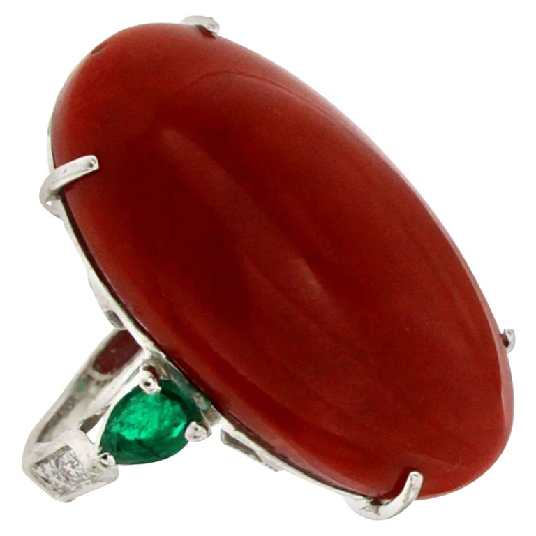 Natural Oxblood Aka Coral Emerald Diamond Cocktail Gold Ring at 1stDibs