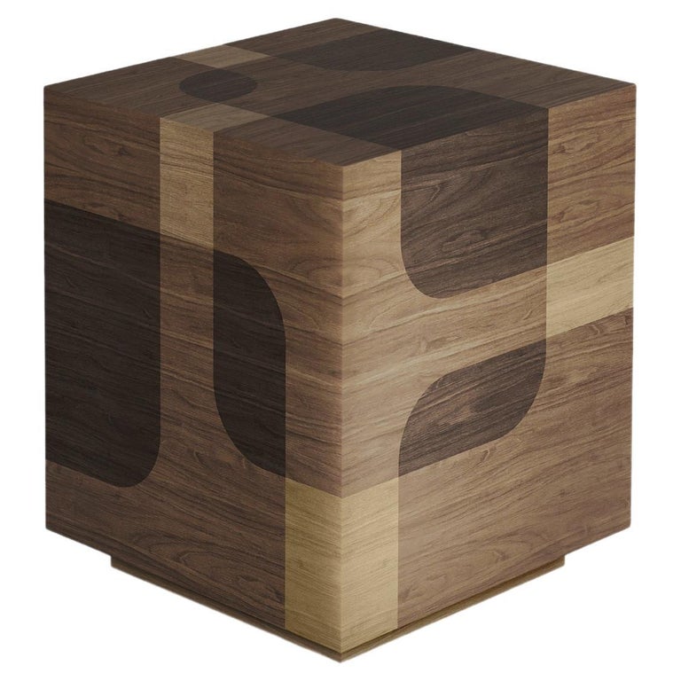 Bodega Side Table, Nightstand in Warm Wood Marquetry Veneer by Joel Escalona For Sale at 1stDibs