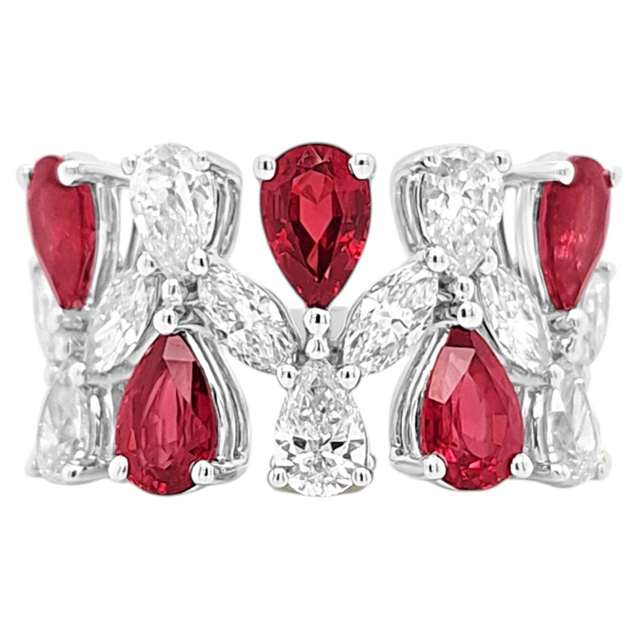 Natural Emerald cut Ruby (No Heat) and Pear cut White Diamond Ring in ...
