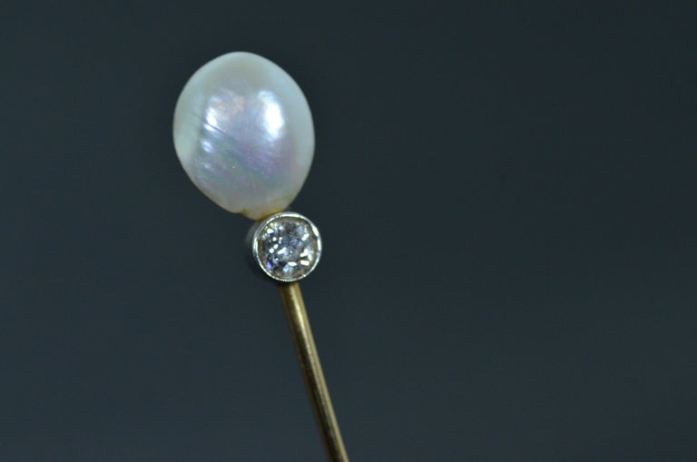 Natural Pearl and 0.25 Carat Old Mine Cut Diamond Stick Pin with Serial ...