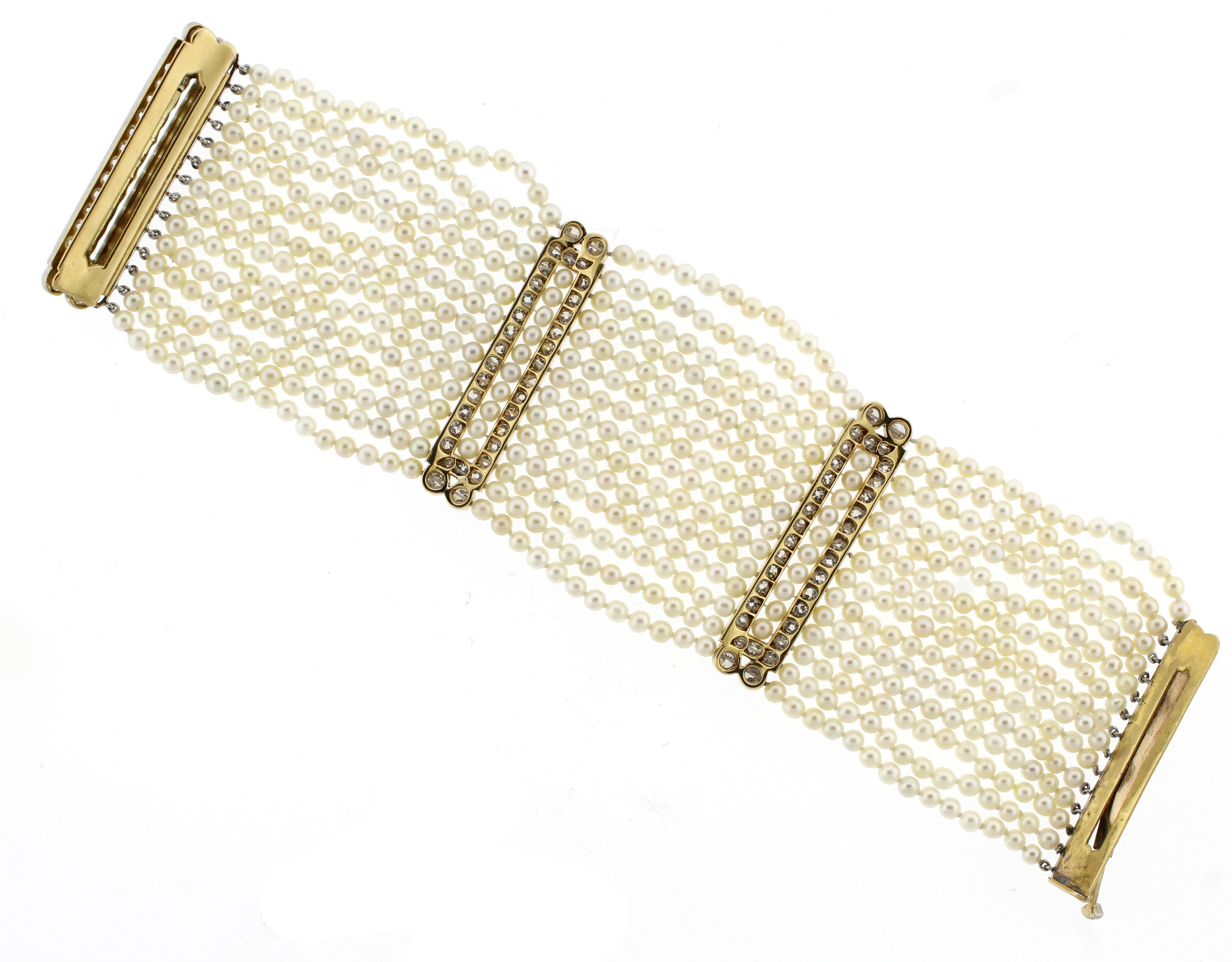 Natural Pearl and Diamond Antique Gilded Age Bracelet For Sale at 1stDibs