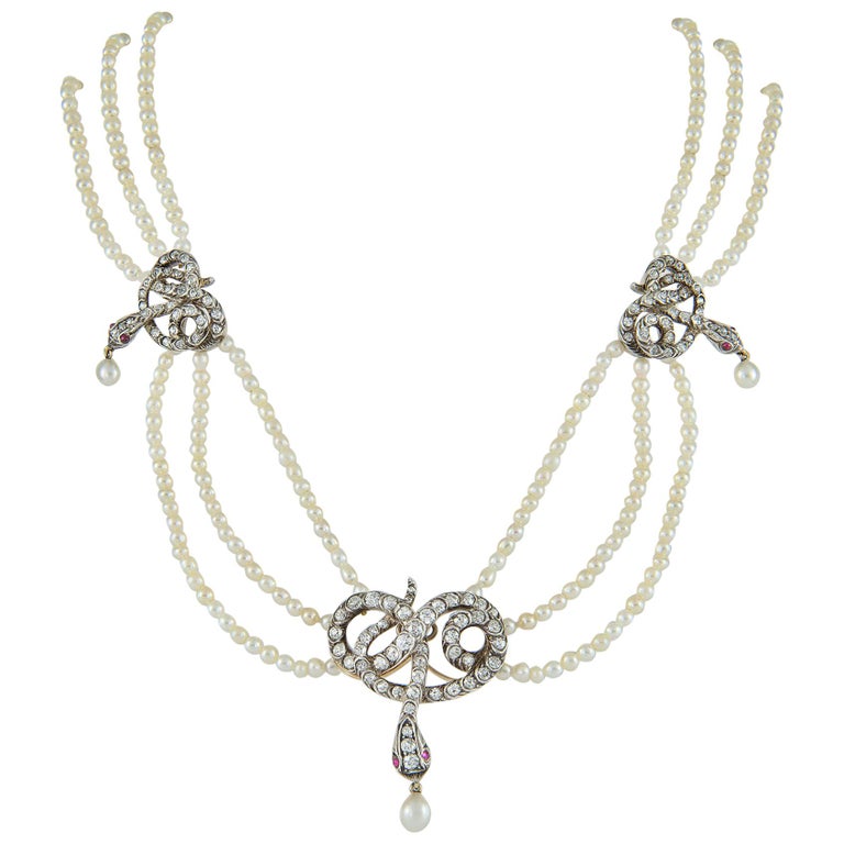 Natural Pearl Necklace with Diamond Set Snakes For Sale at 1stDibs