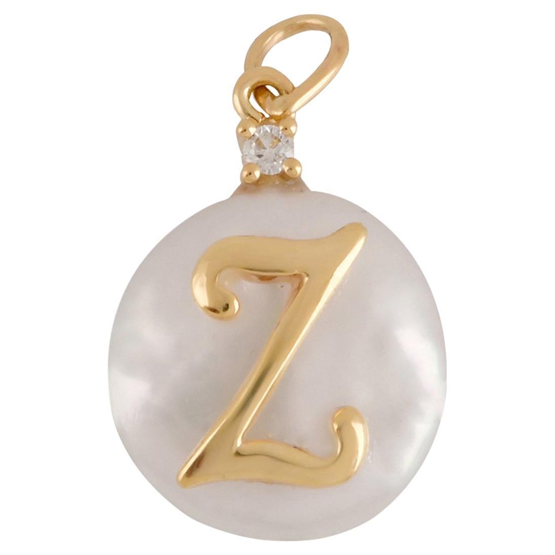 Natural Pearl Z Initial Alphabet Charm 14 Karat Yellow Gold Diamond ...