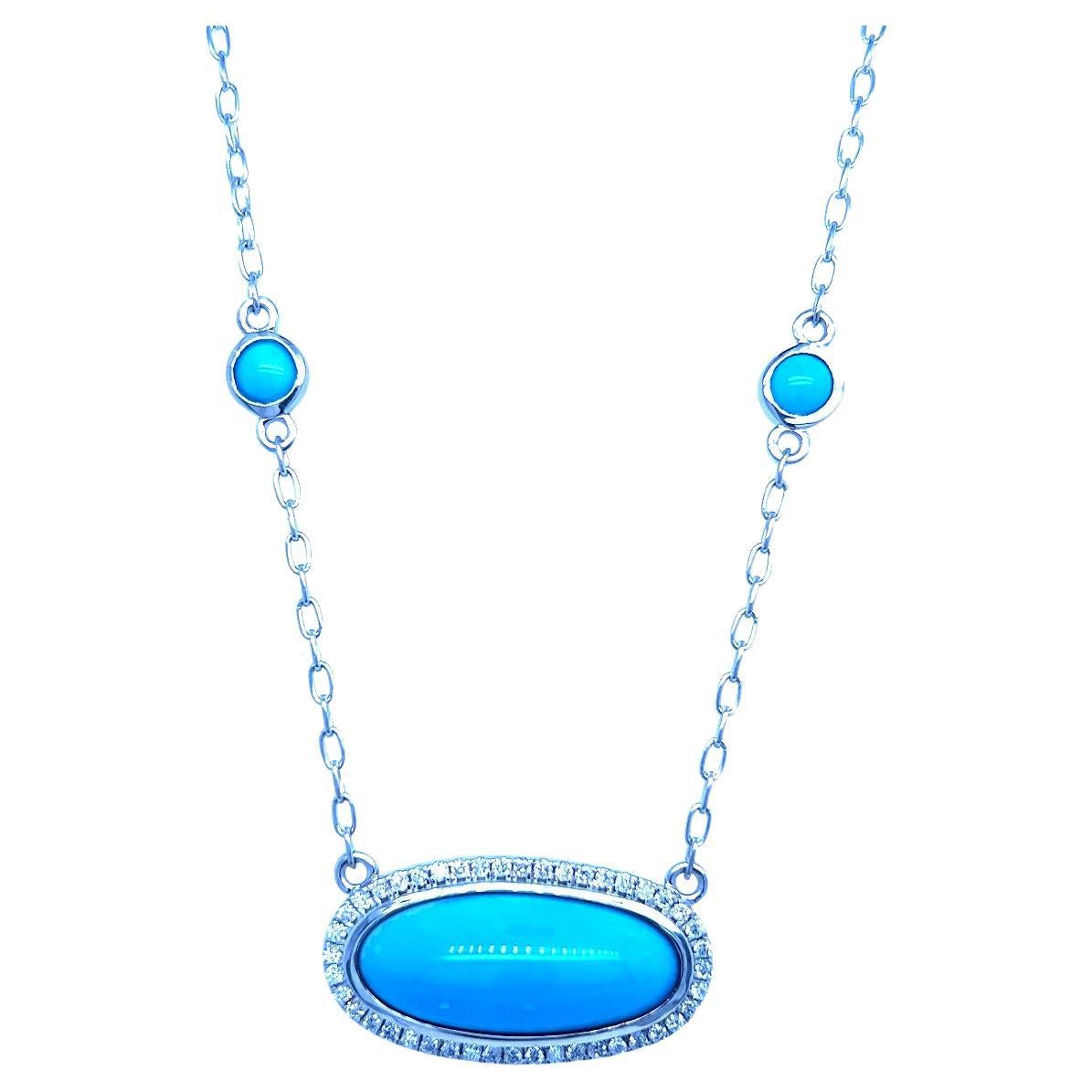 Natural Persian Turquoise Diamond Pendant Necklace 17" 14k G 13.27 TCW ...