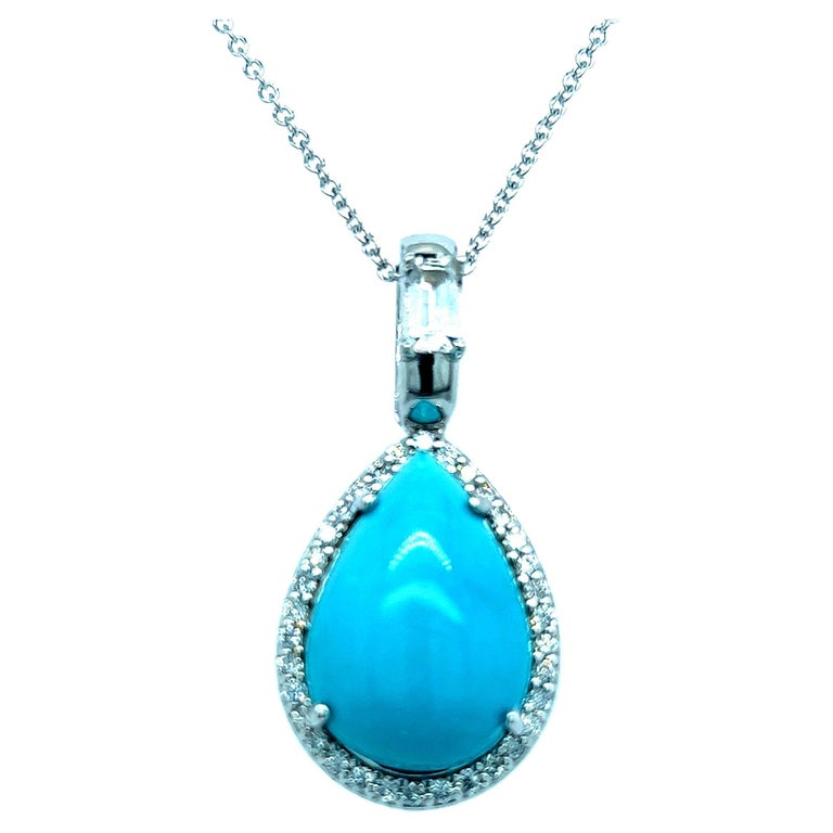 Natural Persian Turquoise Sapphire Diamond Pendant Necklace 14k WG ...