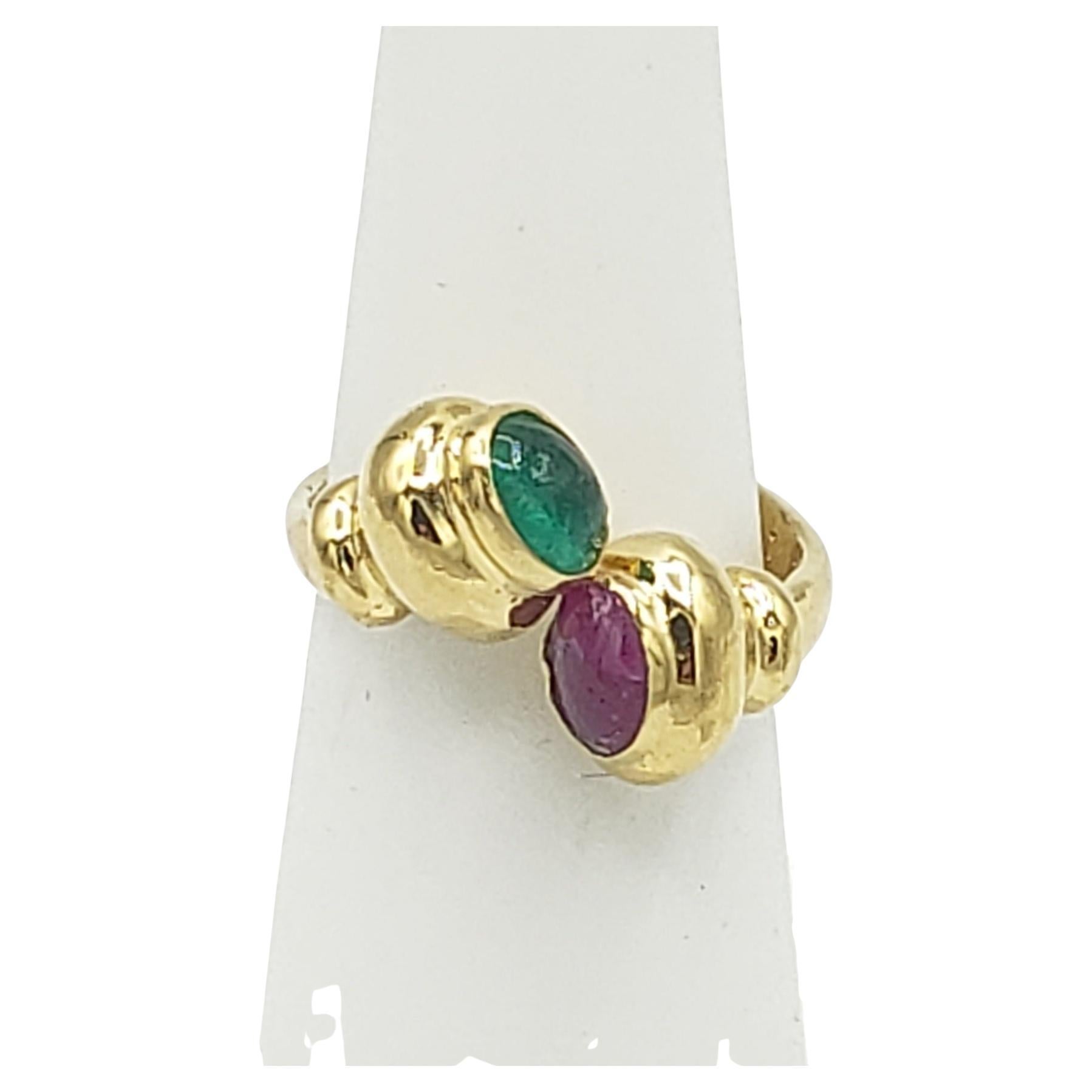 French Handmade 18K Yellow Gold, Diamond and Ruby Ring at 1stDibs