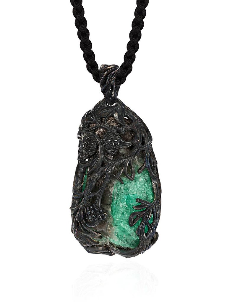 Natural Raw Emerald Crystal Necklace Pine Double-Sided For Sale at 1stDibs
