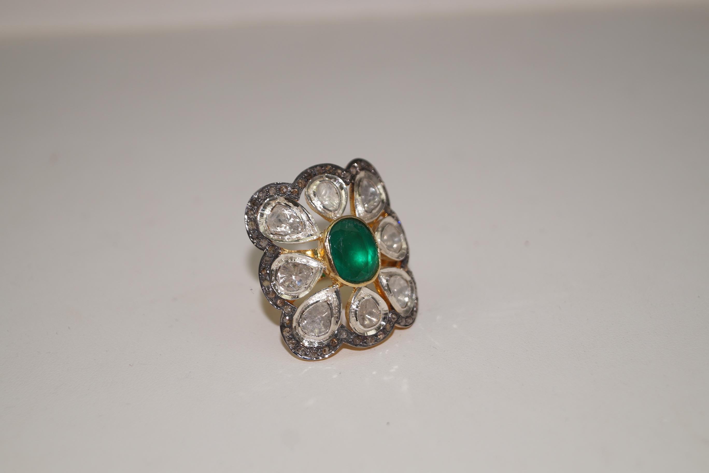 Natural real uncut diamonds sterling silver emerald statement ring at ...