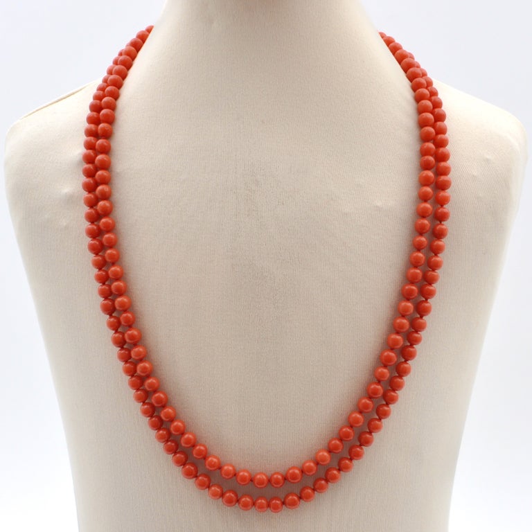 Natural Red Coral Two-Strand 14K Gold Vintage Beaded Necklace For Sale ...