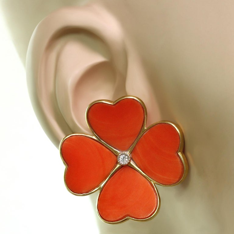 Natural Red Coral Yellow Gold Large 4-Leaf Clover Flower Earrings For ...