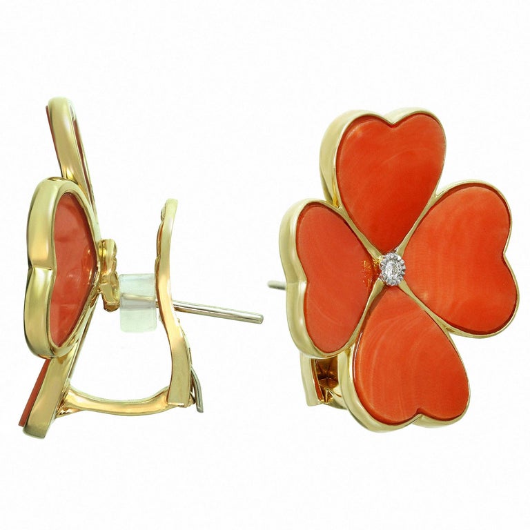 Natural Red Coral Yellow Gold Large 4-Leaf Clover Flower Earrings For ...