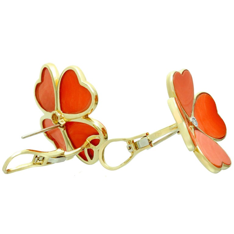 Natural Red Coral Yellow Gold Large 4-Leaf Clover Flower Earrings For ...