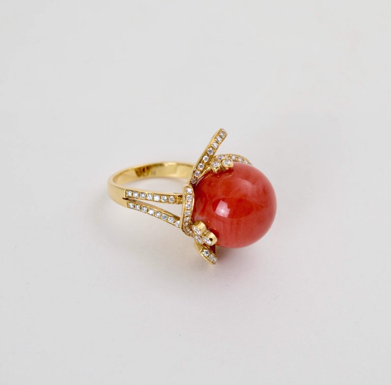 Natural Red Orange Coral Diamond 18 Karat Gold Ring For Sale at 1stDibs