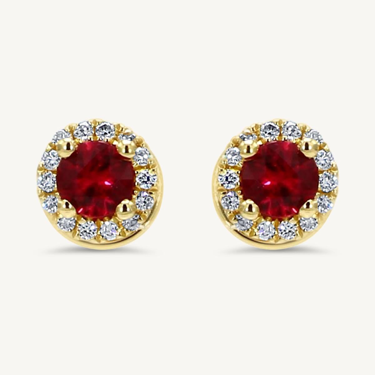 Natural Red Round Ruby and White Diamond .71 Carat TW Yellow Gold Stud ...