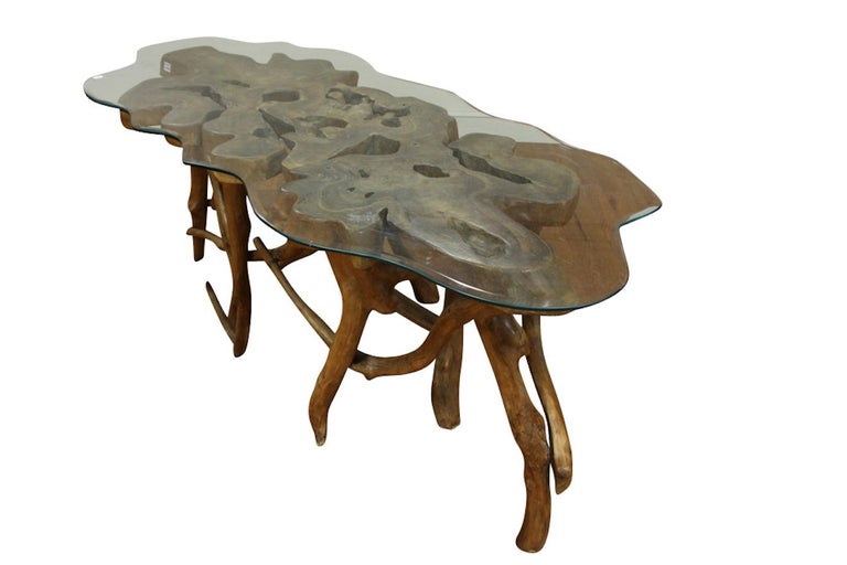 Glass Console Table with Natural Root Wood Base and Beveled Glass Top ...