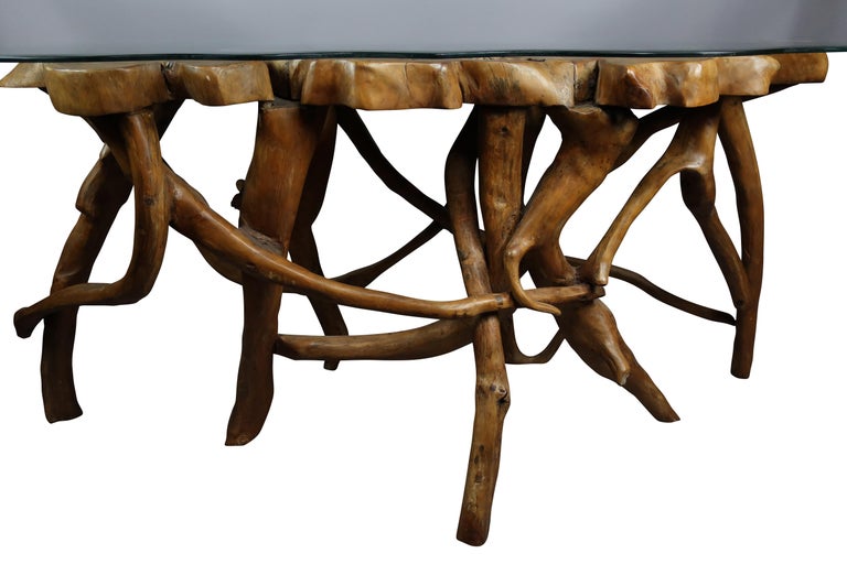 Glass Console Table with Natural Root Wood Base and Beveled Glass Top ...