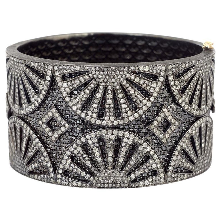 Black and White Pave Diamond Cuff Made in 14k Gold and Silver For Sale ...