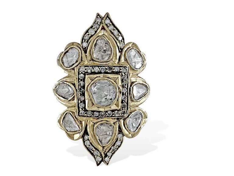 Natural Rose Cut Diamond Pave Ring. 14k Yellow Gold For Sale at 1stDibs