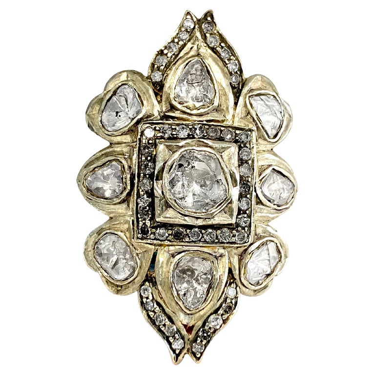 Natural Rose Cut Diamond Pave Ring. 14K Yellow Gold For Sale at 1stDibs