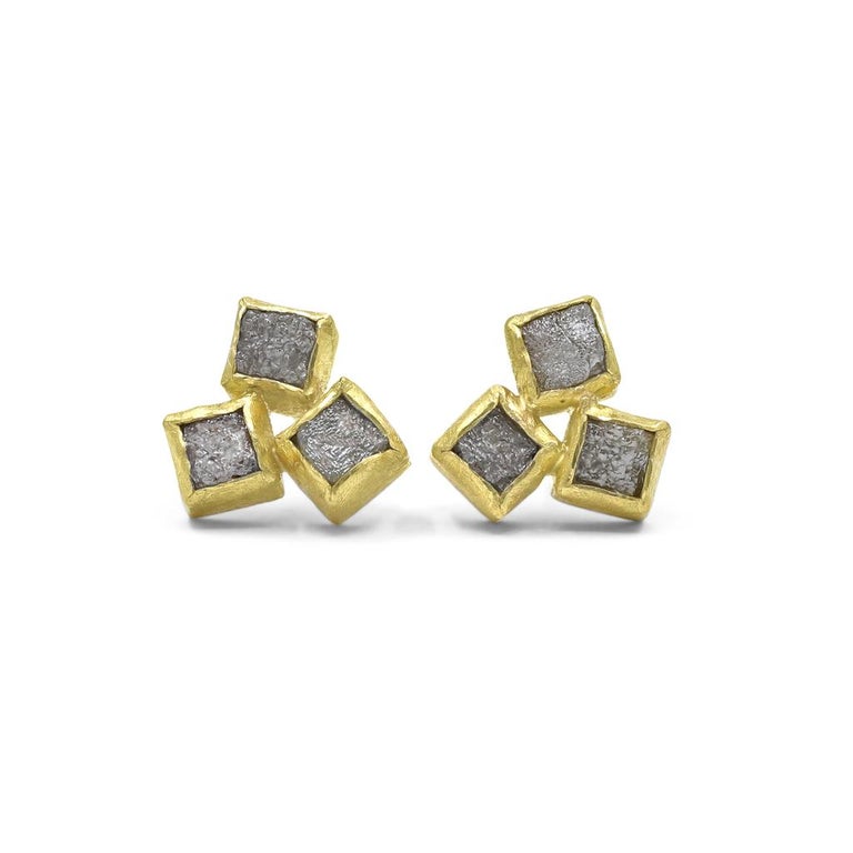 Natural Rough Diamond 22k Yellow Gold Triple Stone Stud Earrings, Petra ...
