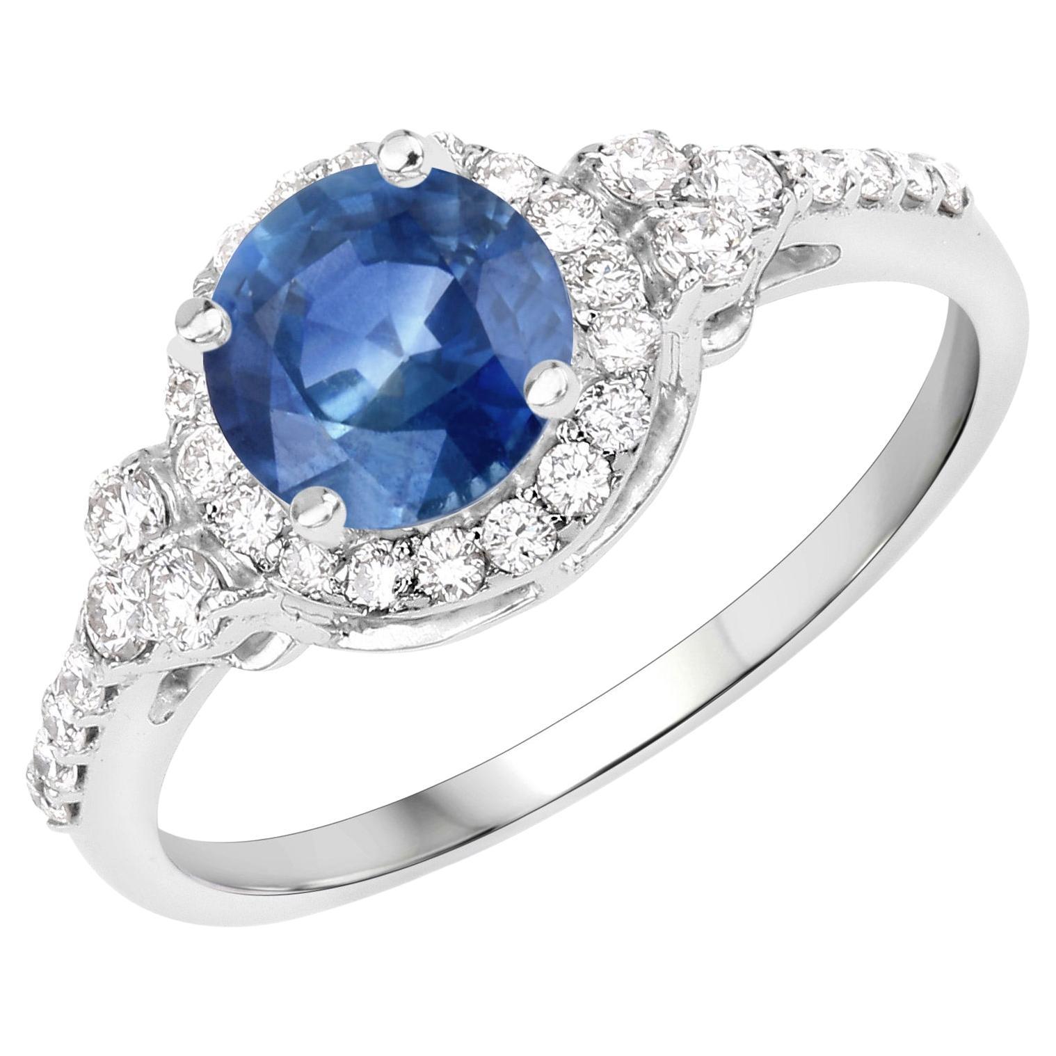 Natural Round Blue Sapphire and Diamond Halo Ring 14K White Gold For ...