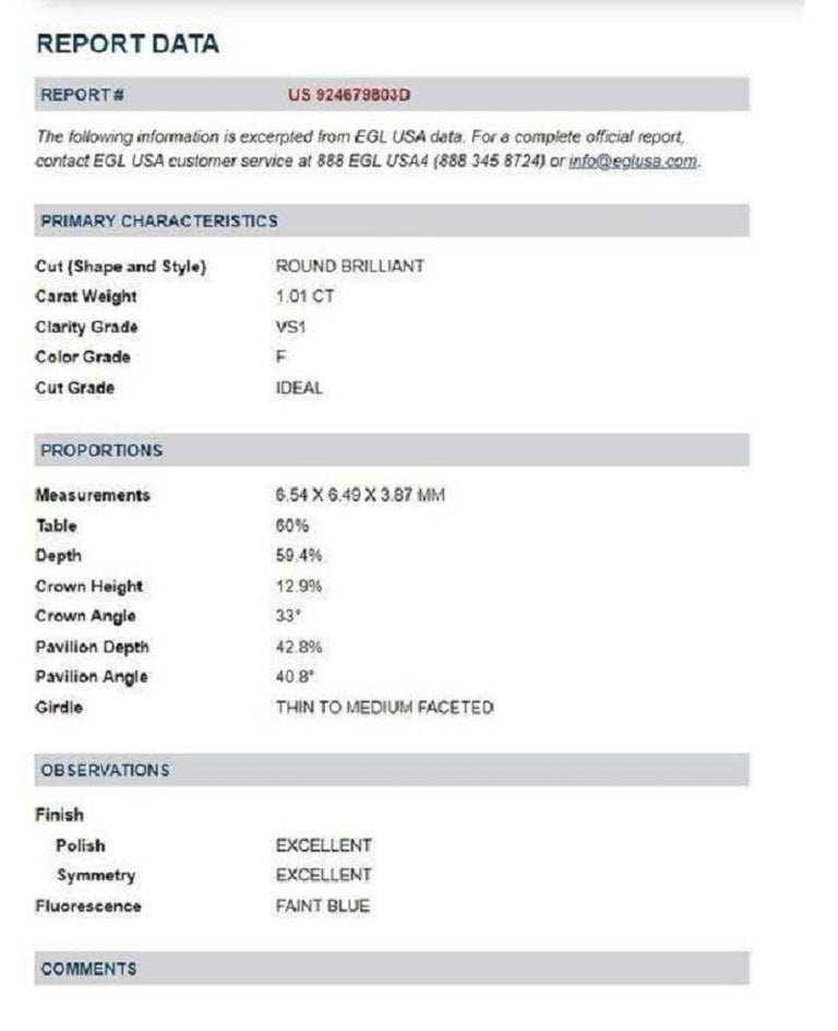 Natural Round Brilliant Diamond in a 1.00 Carat G VS2, EGL Certificate ...