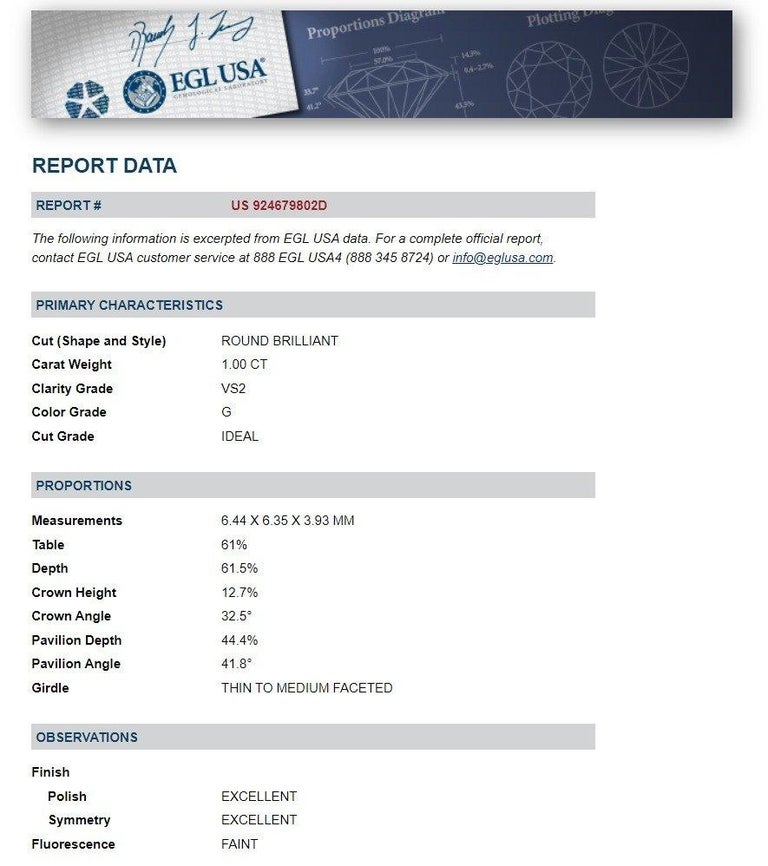 Natural Round Brilliant Diamond in a 1.00 Carat G VS2, EGL Certificate ...